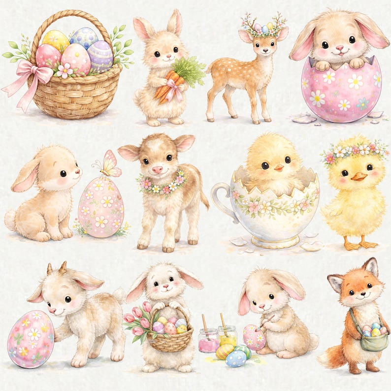 Easter Animals Clipart Bundle, Watercolor Easter Bunny Duck Deer PNG ...