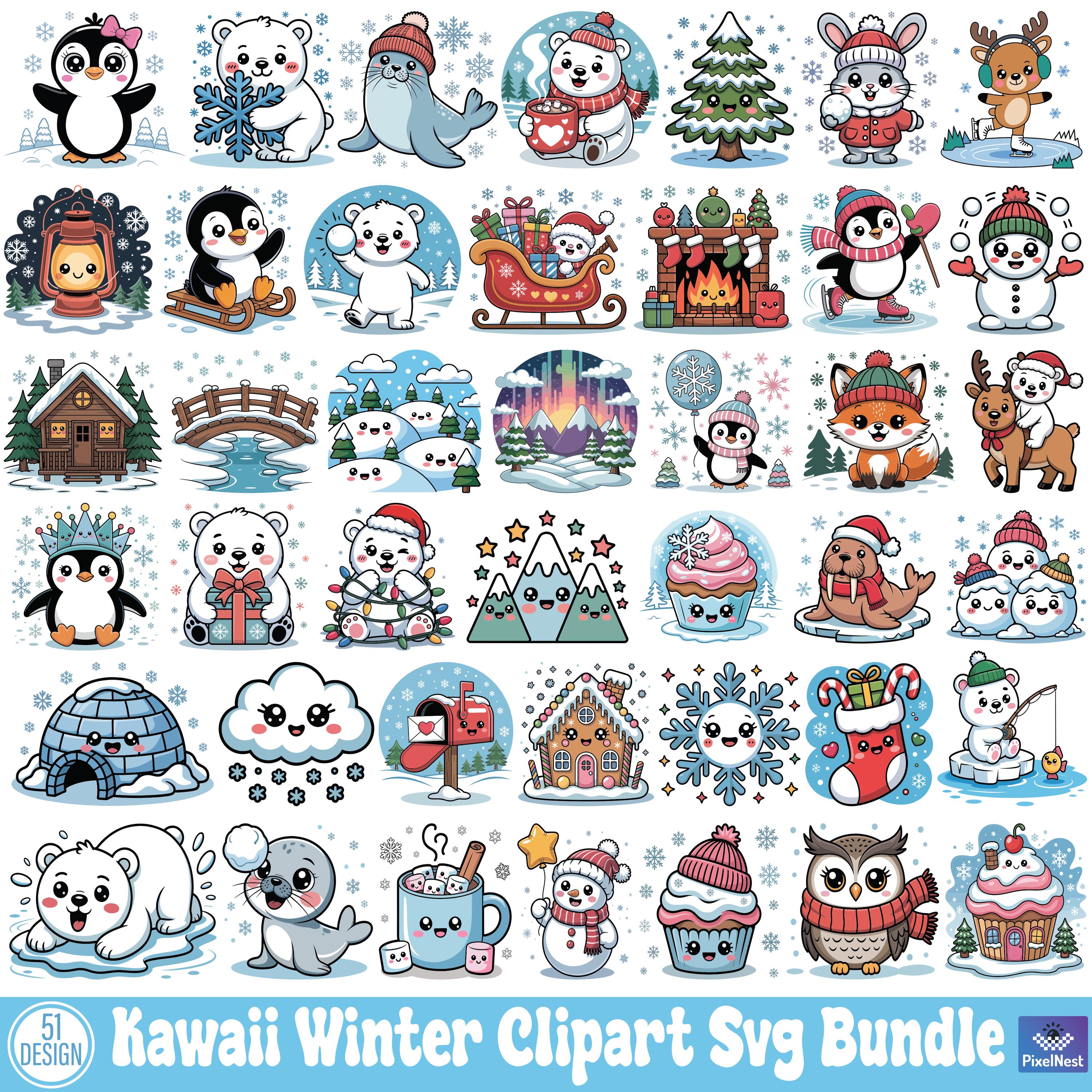Kawaii Winter Clipart Bundle, Cute Snow Animals Christmas SVG PNG ...