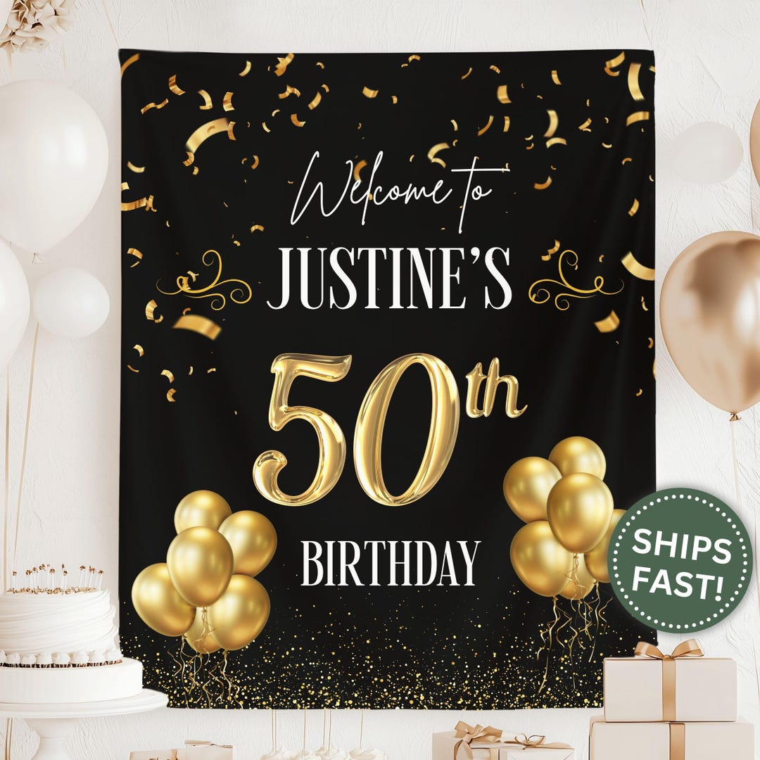 50th Birthday Party Banner, Custom 50th Birthday Gold Tapestry Decor ...