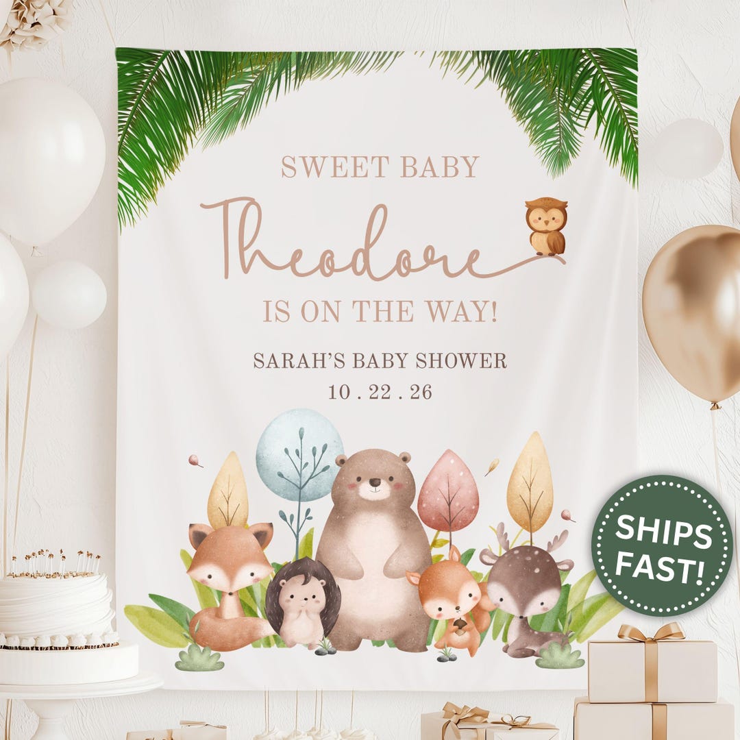 Woodland Baby Shower Banner, Custom Baby Shower Tapestry Personalized ...