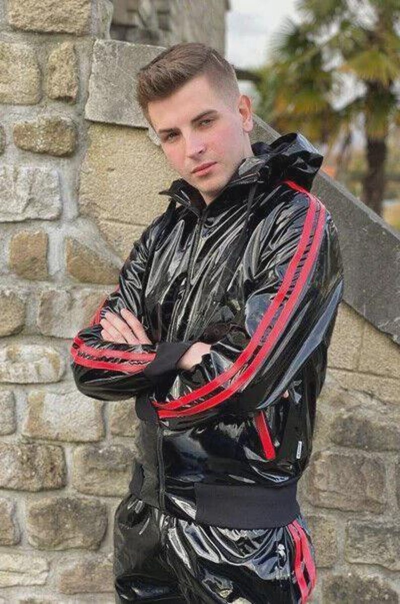 Glossy Black PVC Tracksuit Jacket With Hood and Red Stripe - Etsy