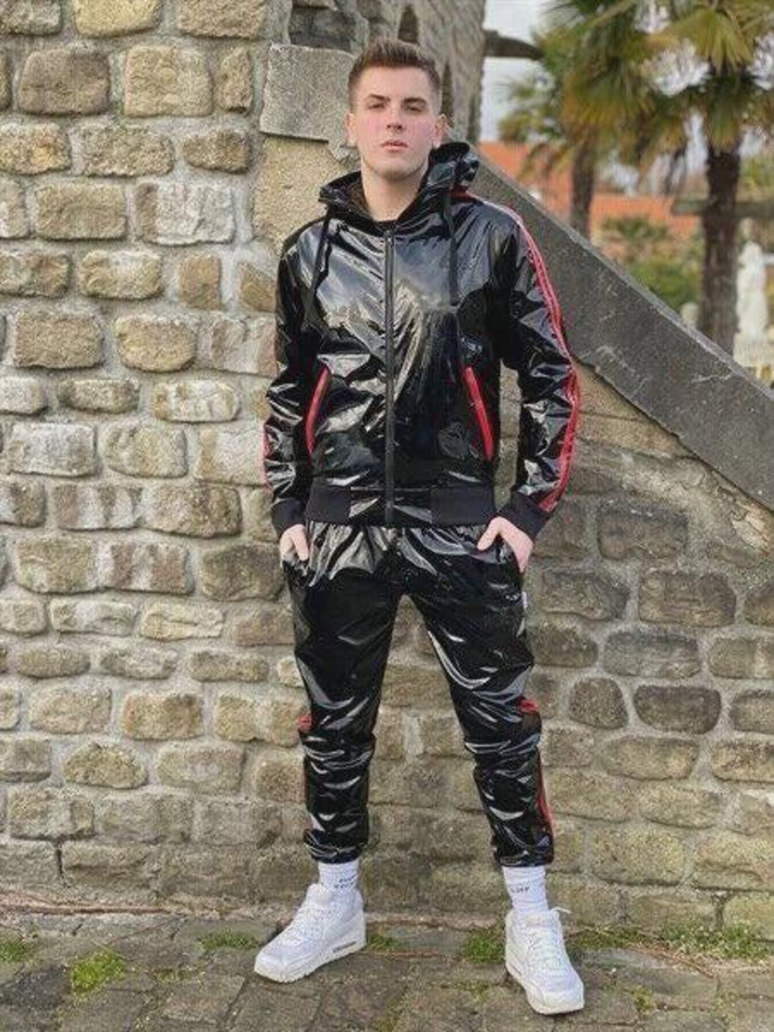 Glossy Black PVC Tracksuit Jacket With Hood and Red Stripe - Etsy
