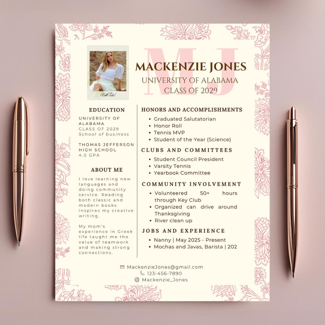 Sorority Resume Template for Canva | Pink Floral Digital PNM Resume and ...