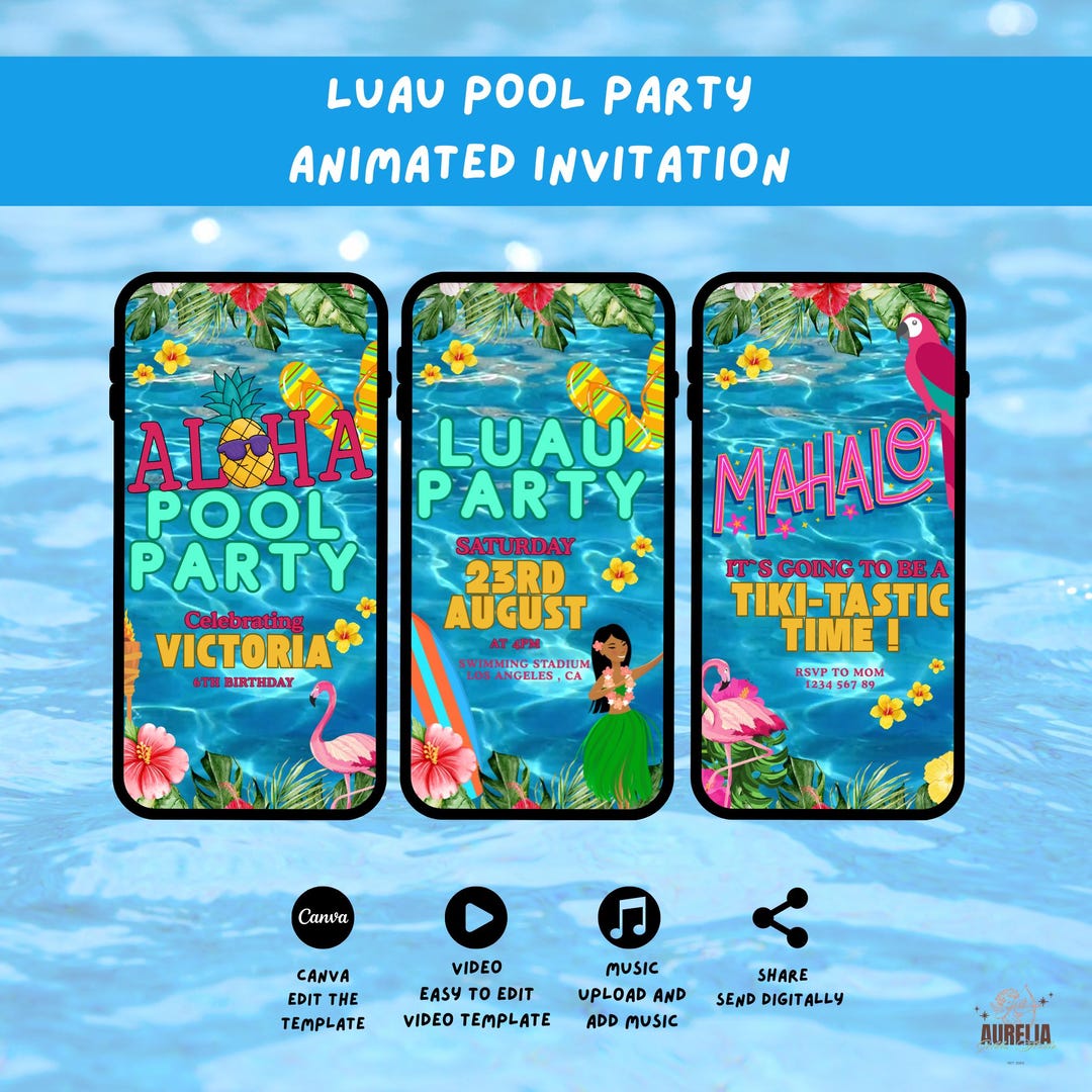 Convite animado para festa na piscina com tema Luau: modelo editável do ...