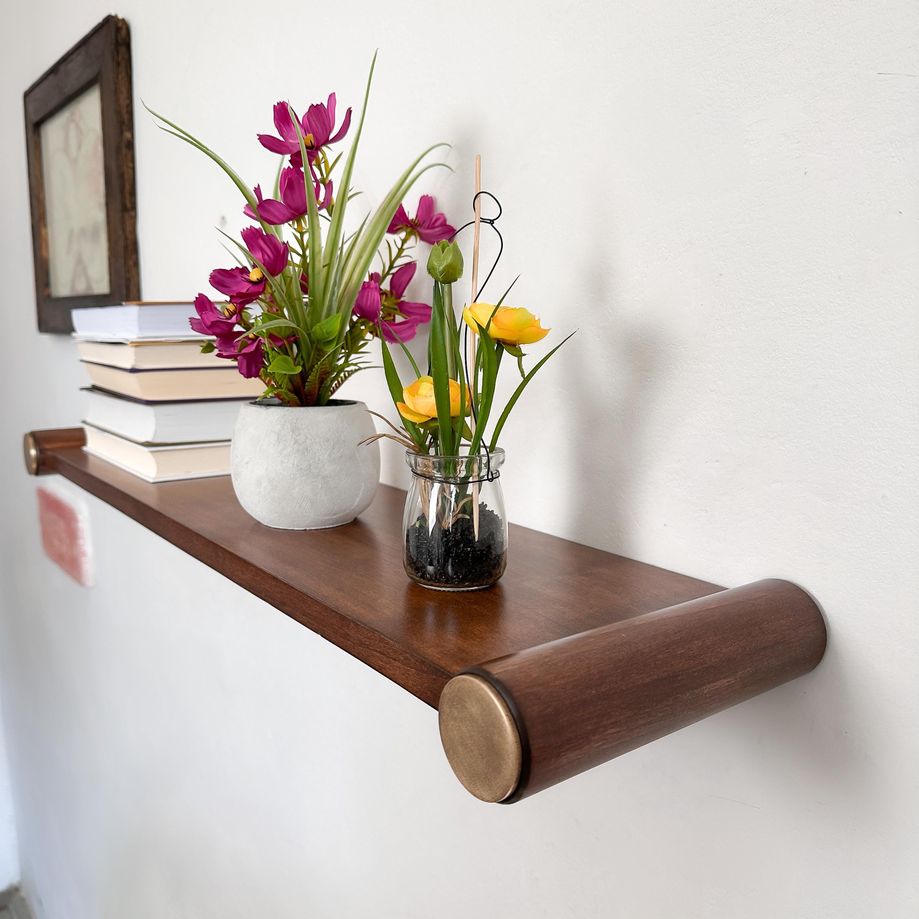 Modern Floating Wall Shelf Solid Wood With Brass End Caps, Mid Century ...