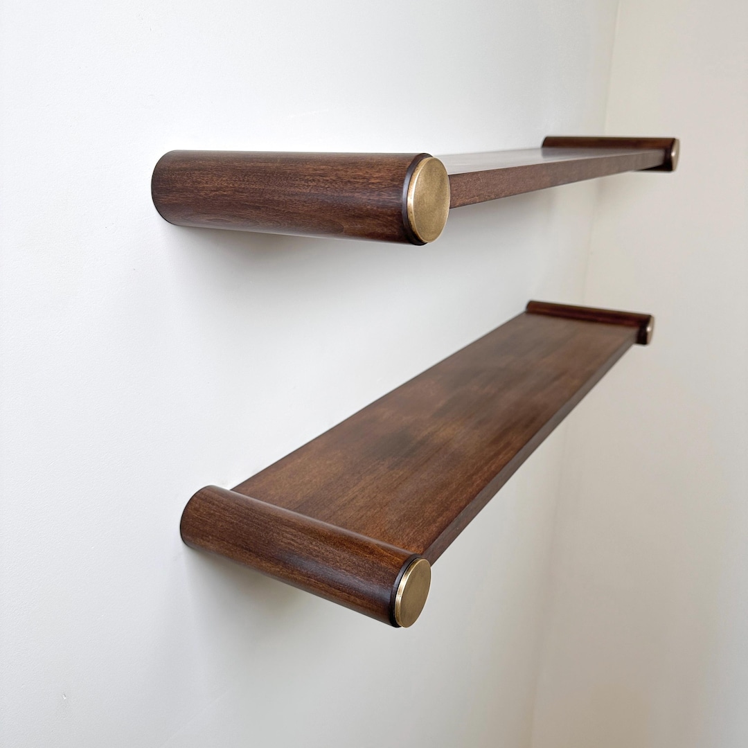 Modern Floating Wall Shelf Solid Wood With Brass End Caps, Mid Century ...