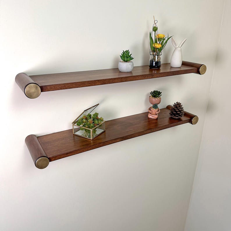 Modern Floating Wall Shelf Solid Wood With Brass End Caps, Mid Century ...