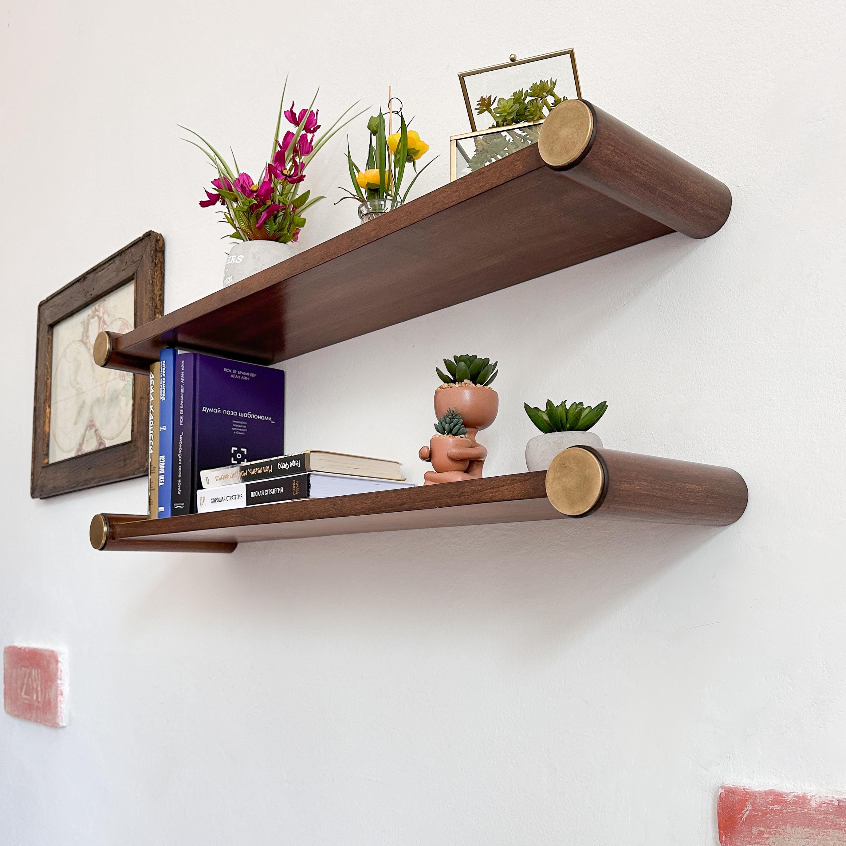 Modern Floating Wall Shelf Solid Wood With Brass End Caps, Mid Century ...