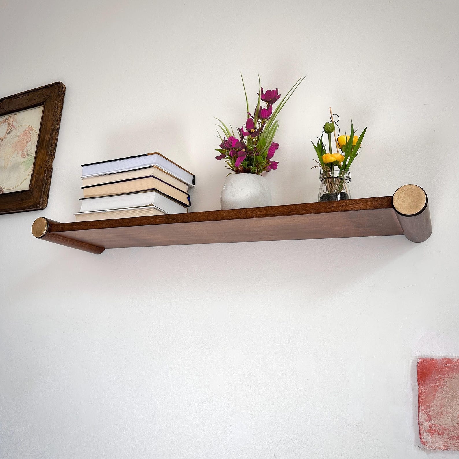Modern Floating Wall Shelf Solid Wood With Brass End Caps, Mid Century ...