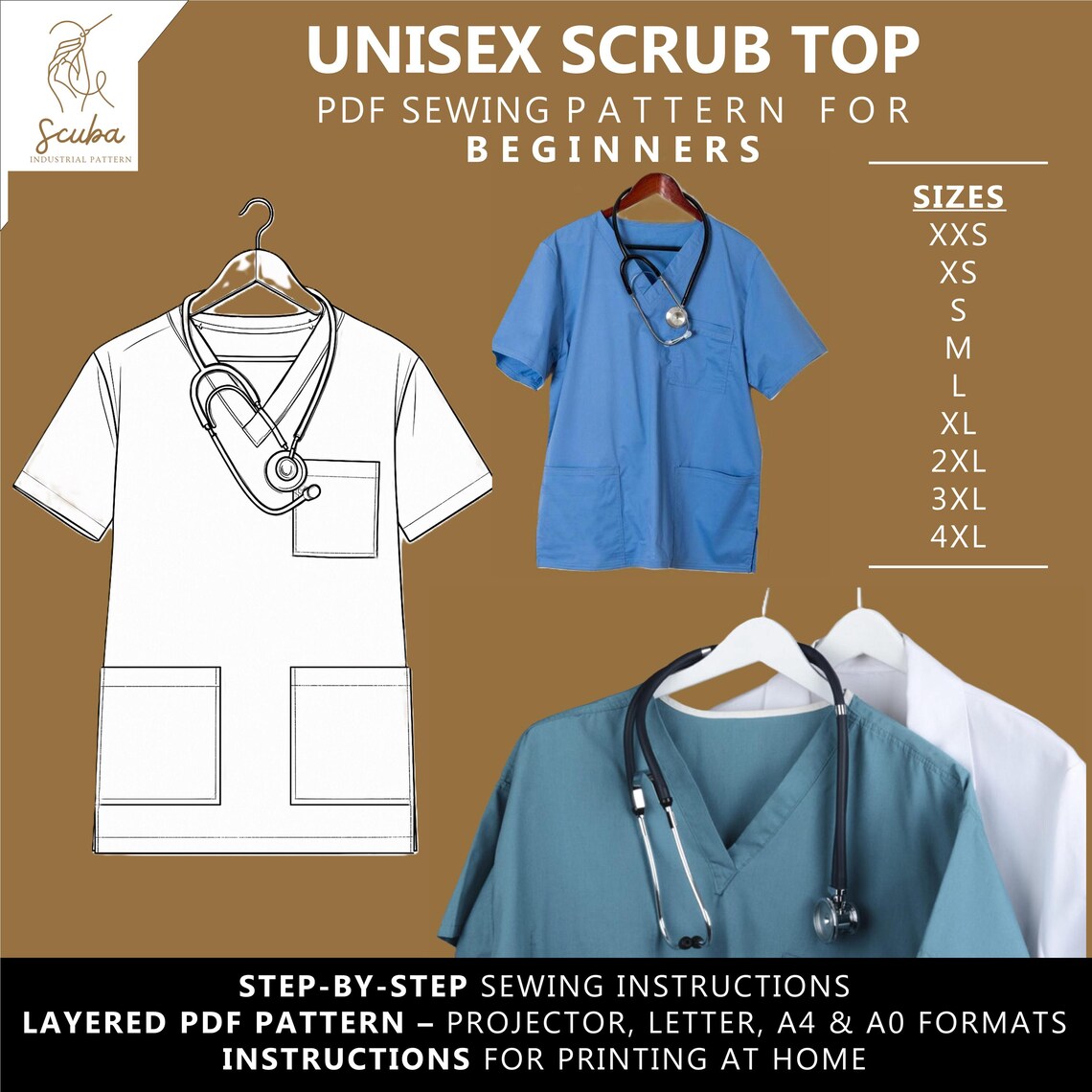 Unisex Scrub Top Sewing Pattern PDF | DIY Medical Uniform | Hospital ...