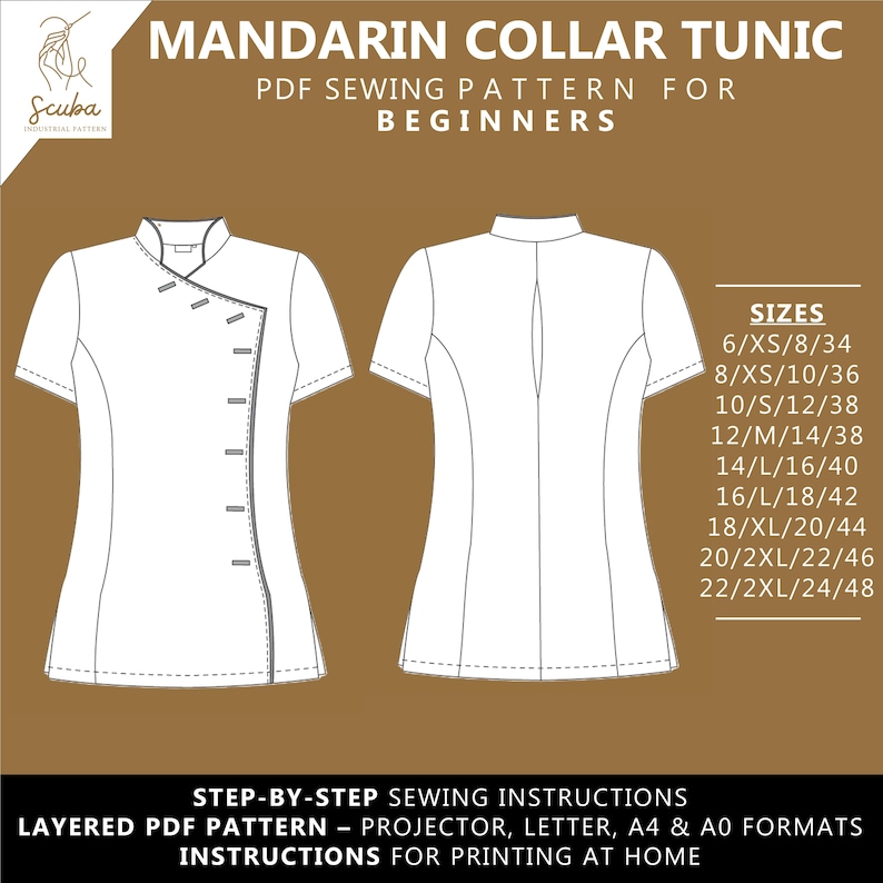 Tunic PDF Sewing Pattern | Mandarin Collar, Beginner-friendly | Medical ...
