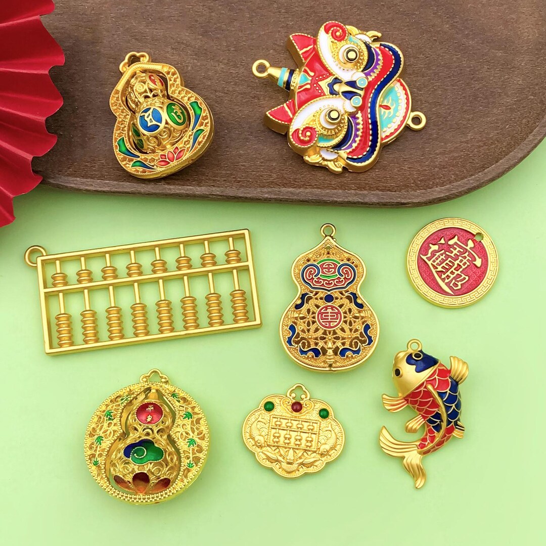 2/5/8pcs Chinese Style Large Pendant Ancient Method Gold Enamel Alloy ...