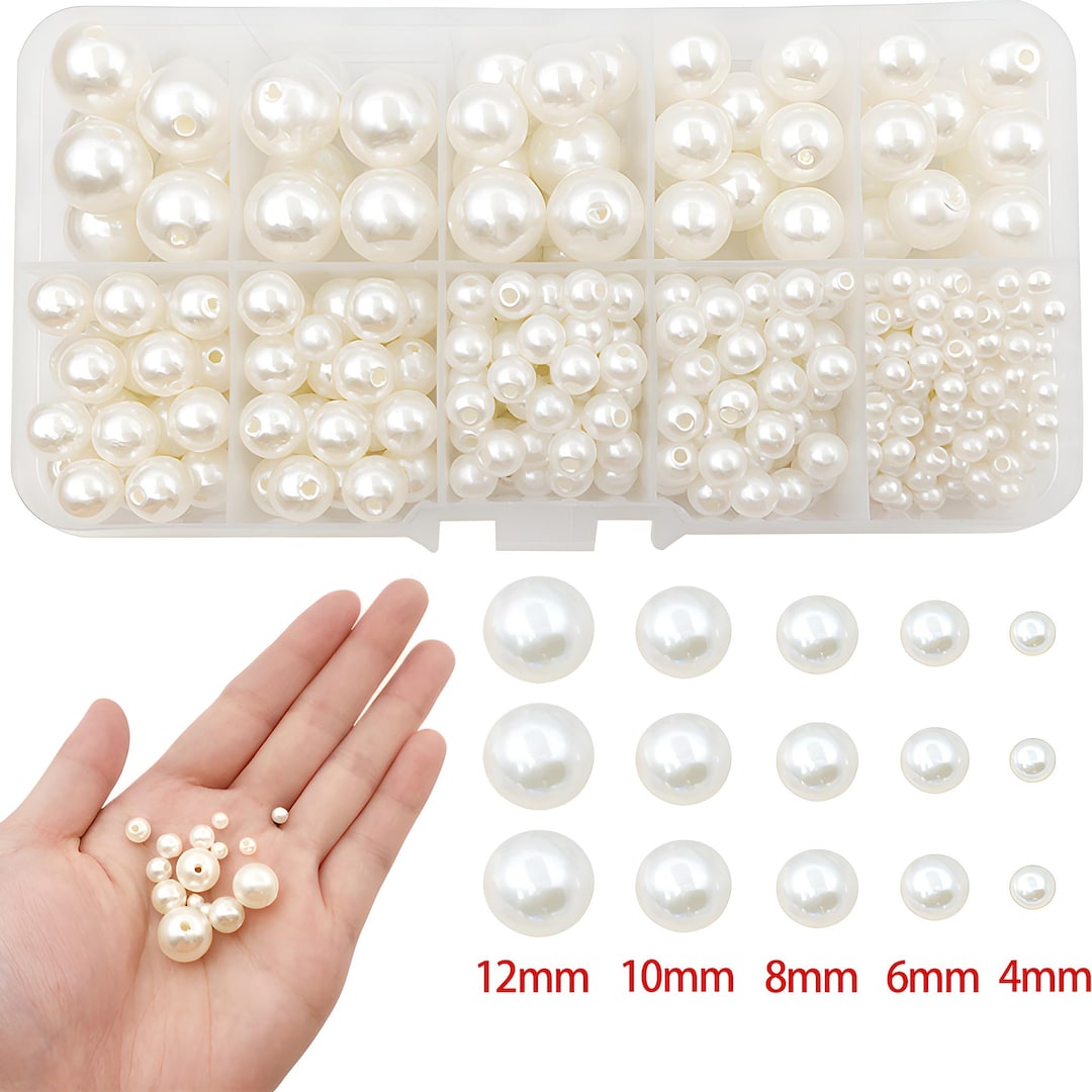 440pcs Artificial Faux Pearl Resin Beads Kit 4/6/8/10/12mm Round Pearl ...