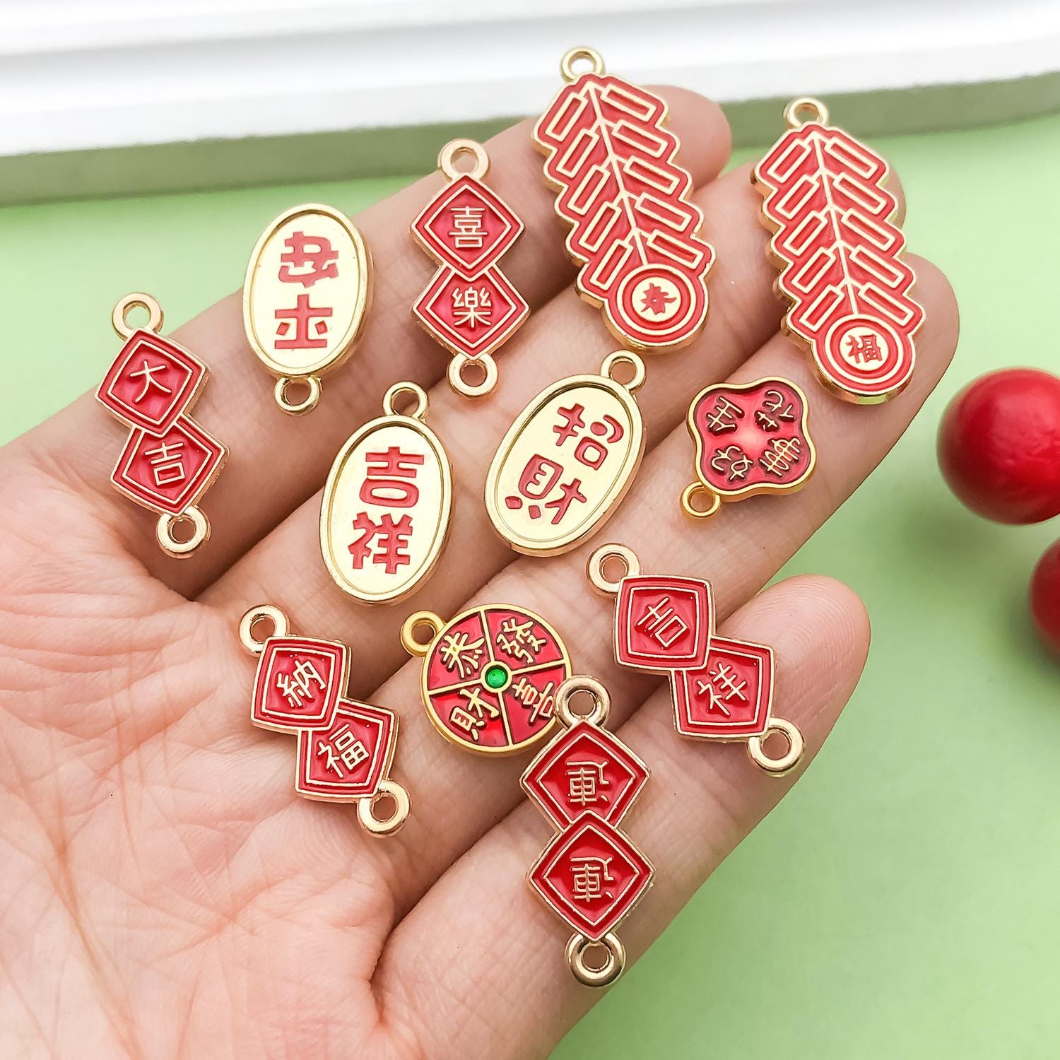 10/16pcs Enamel Chinese Style New Year Lucky Blessing Charm Red Lantern ...