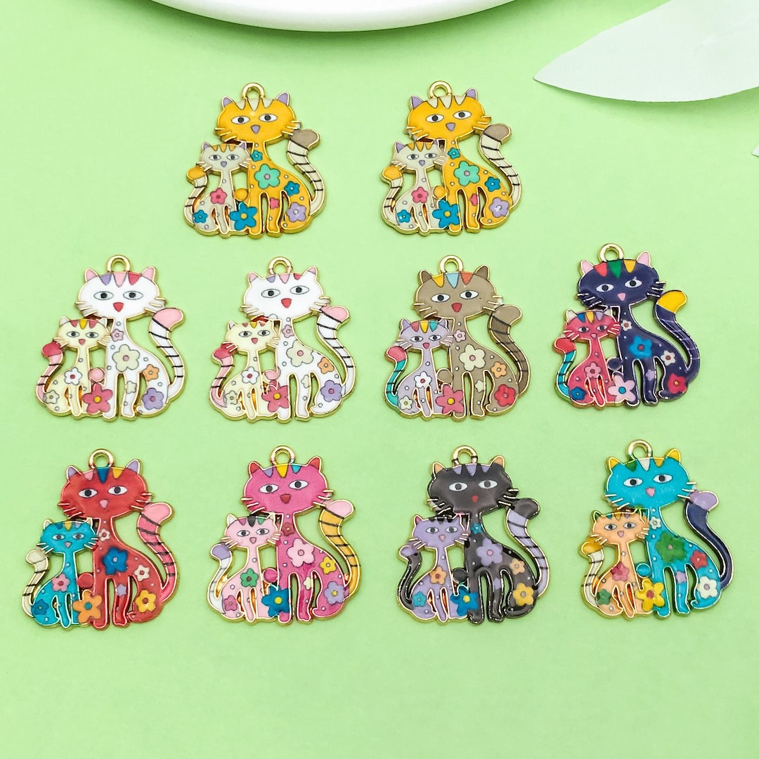 10pcs Enamel Cartoon Flower Cat Charm Gold Plated Cute Animal Pendant ...