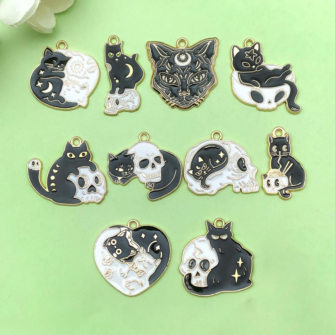 5/10pcs Bulk Halloween Skull Cat Charm Gold Plated Black Cat Pendant ...