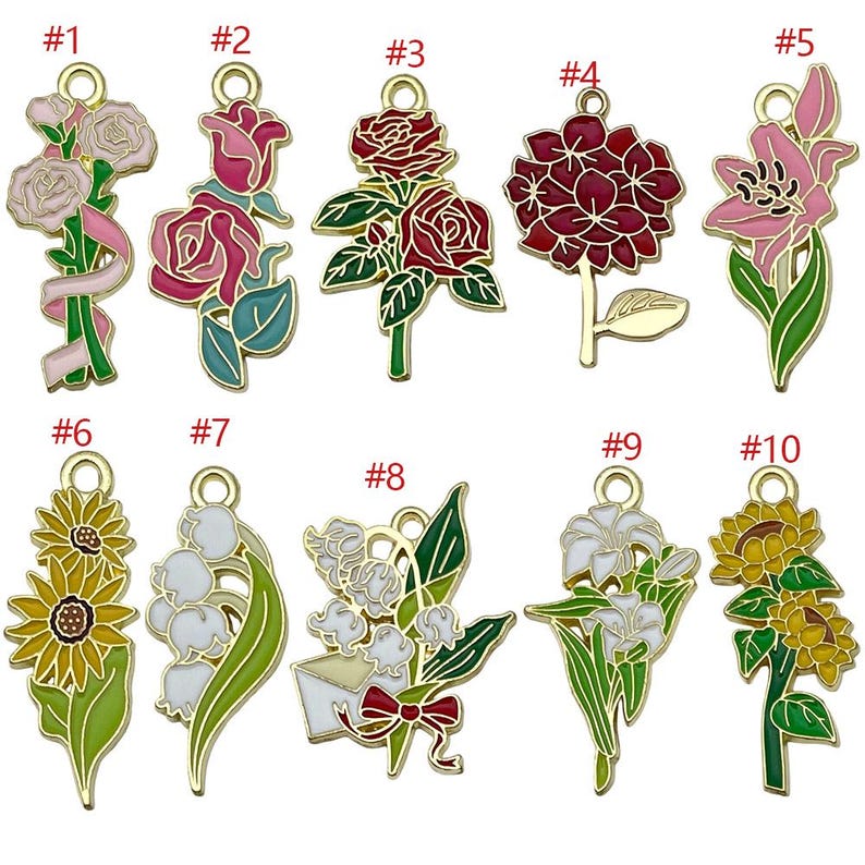 10pcs Bouquet Charm Flower Charms Gold Plated Enamel Lily of the Valley ...