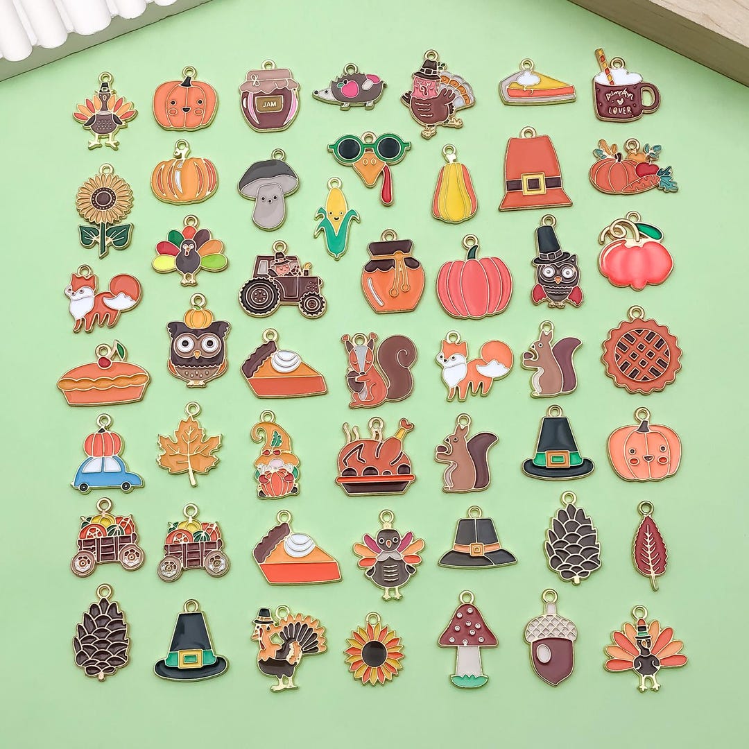 50pcs Mix Enamel Autumn Charms Maple Leaf Pumpkin Squirrel Acorn Charms ...