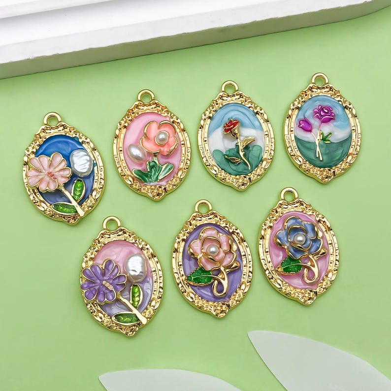 5/7pcs French Retro Enamel Rose Flower Oil Painting Charm Elegant Oval ...