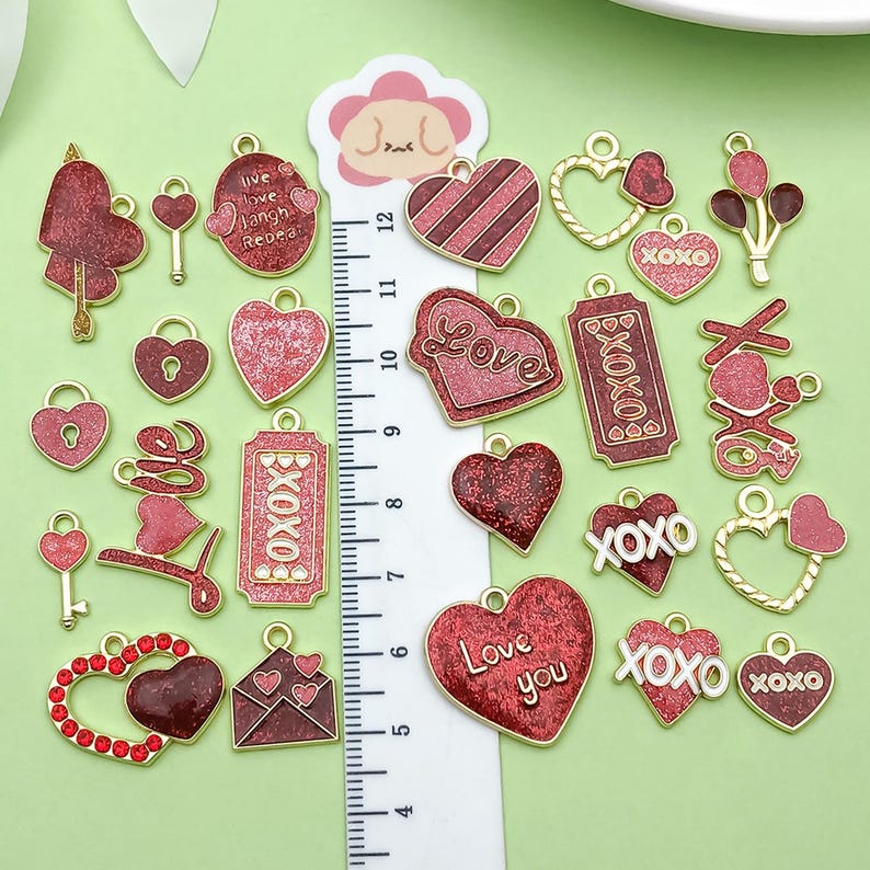 10/30pcs Enamel Valentine’s Day Wedding Season Charms Glitter Red Heart ...