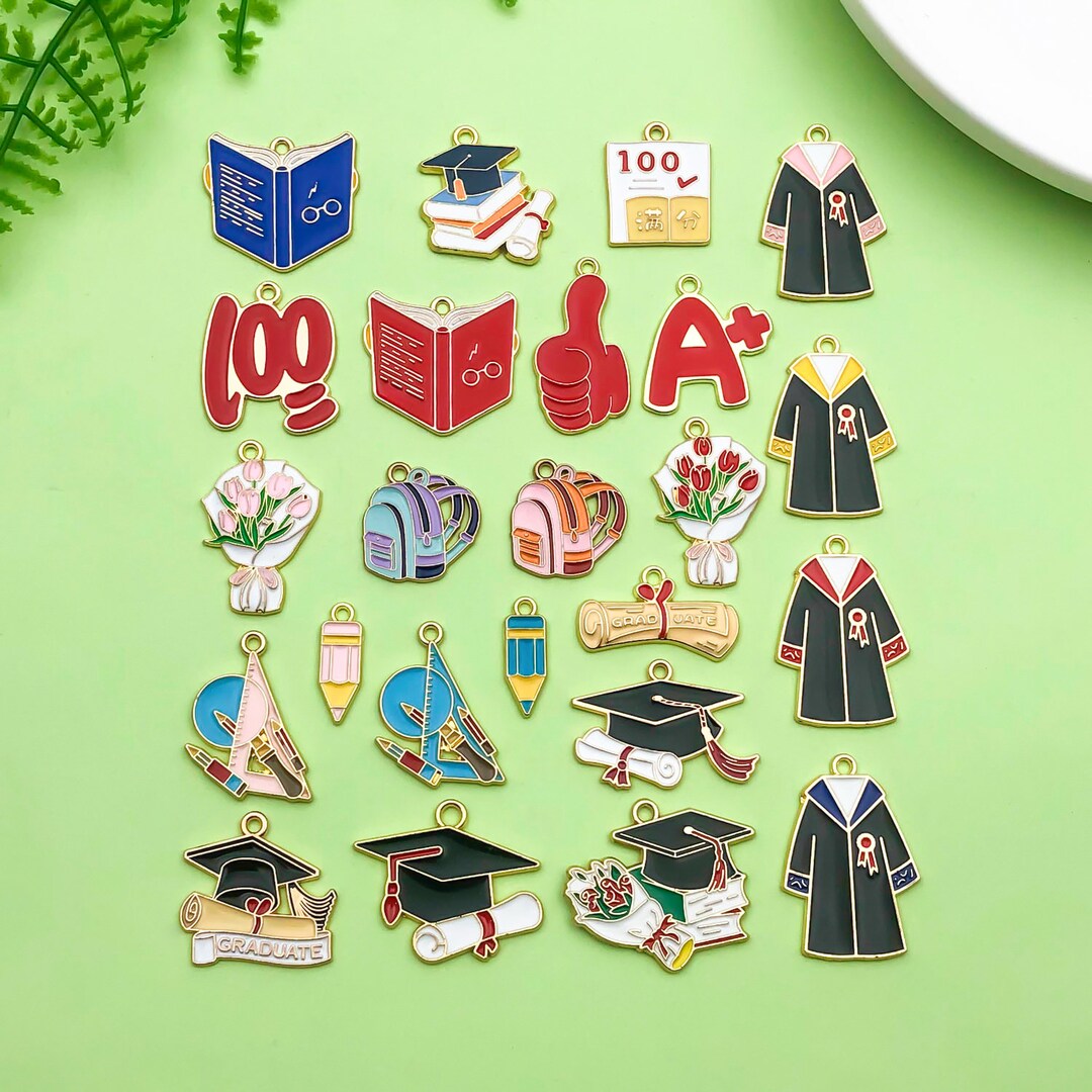 12/24pcs Mixed Bulk Graduation Enamel Gold Plated Charms School Bag ...