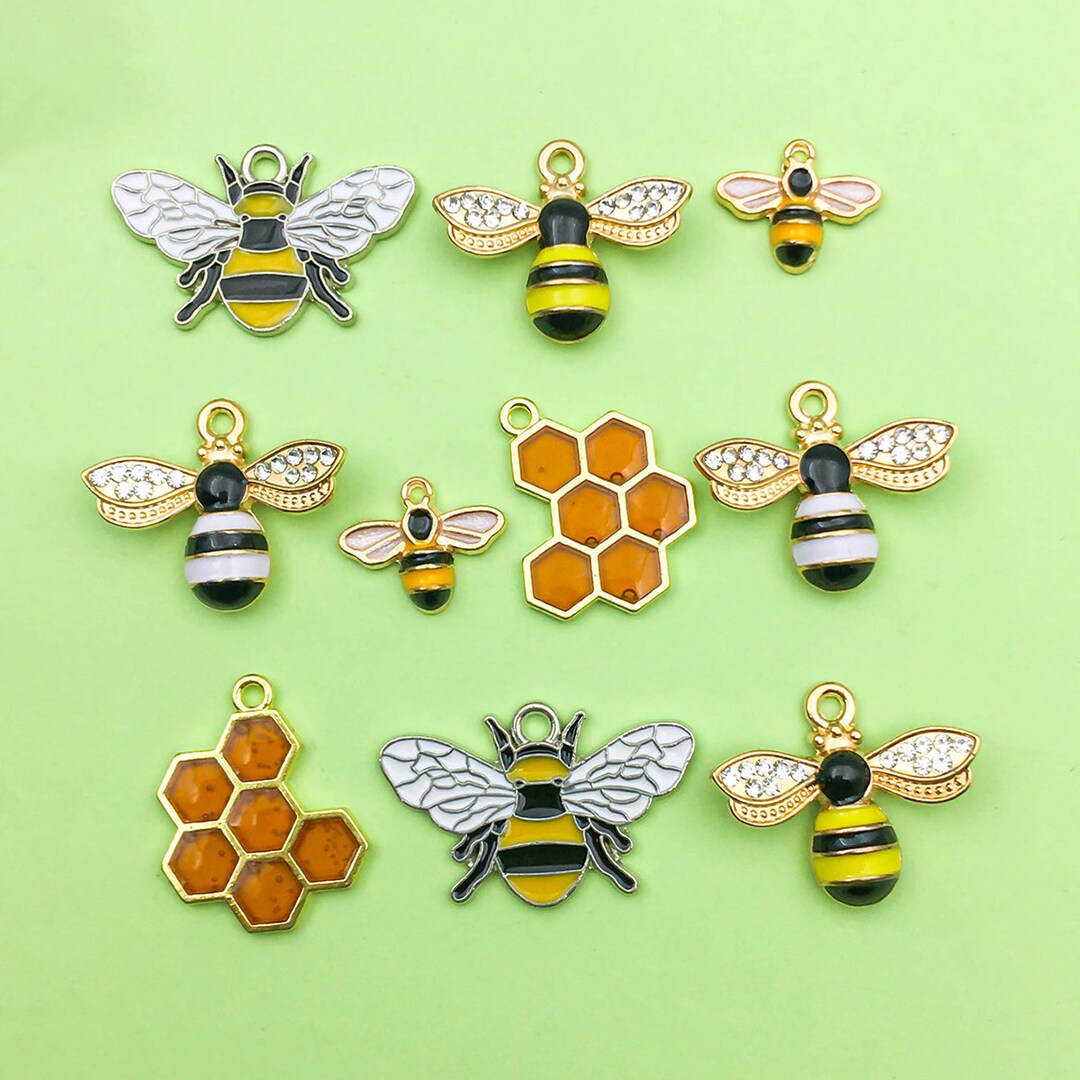 Mix Bulk 10pcs Enamel Hive Bee Charm Charms Plated Gold Pendant for DIY ...