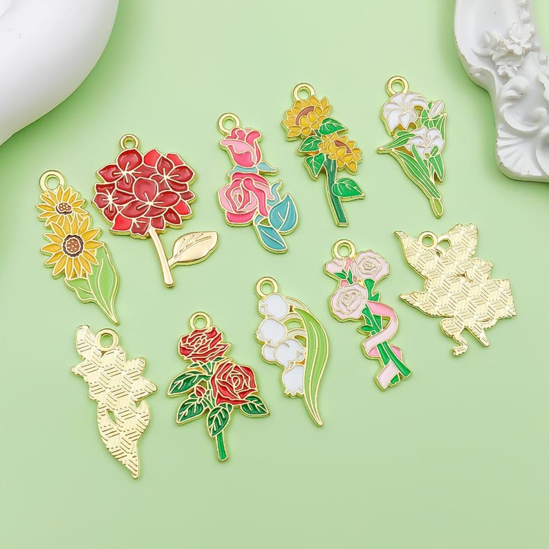 10pcs Bouquet Charm Flower Charms Gold Plated Enamel Lily of the Valley ...