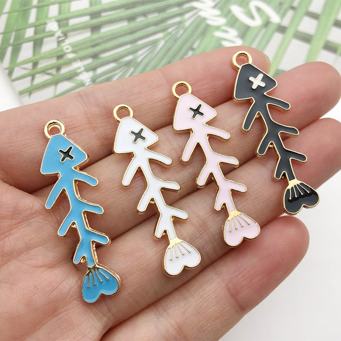 10/20pcs Enamel Fishbone Charm Cute Gold Plated Fish Bone Pendant for ...