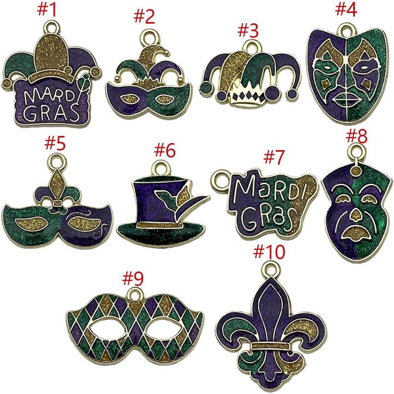 10pcs Mix Mardi Gras Charms Carnival Mask Crown Jester Enamel Pendants ...