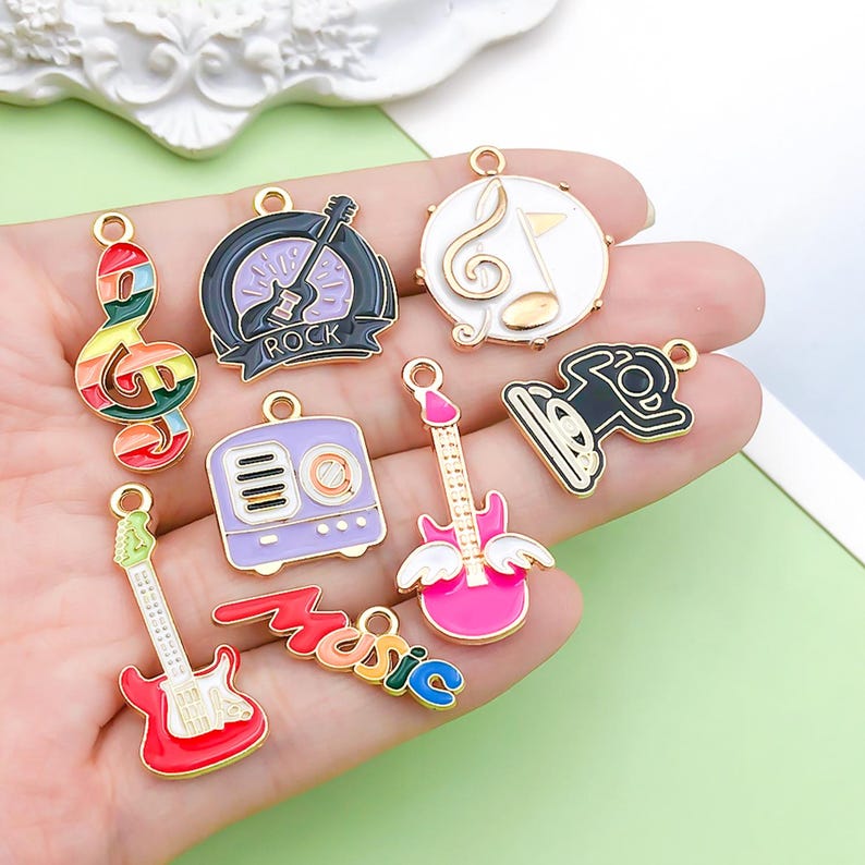 10pcs Enamel Music Theme Note Guitar & Records Music Notes Charms ...