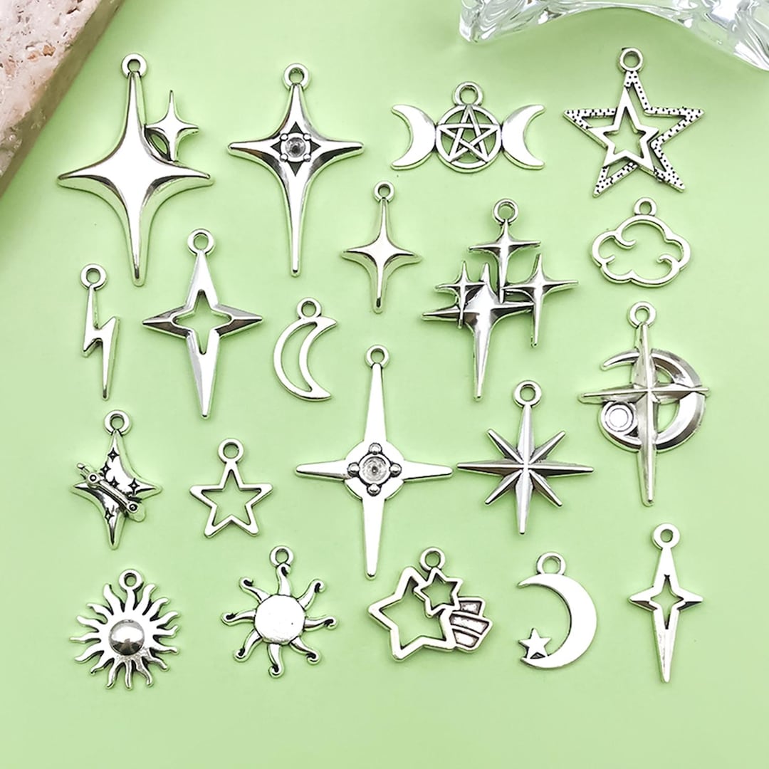 20/50pcs Antique Silver Four-pointed Star Charm Star Moon Sun Alloy ...