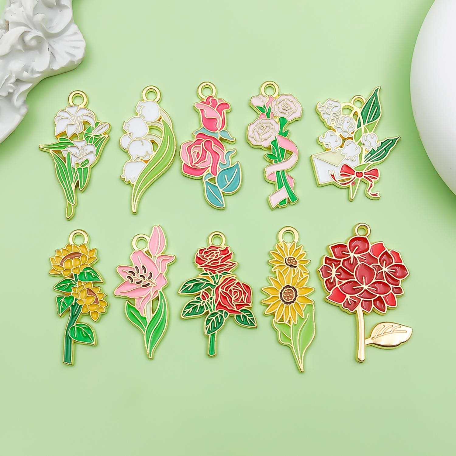 10pcs Bouquet Charm Flower Charms Gold Plated Enamel Lily of the Valley ...