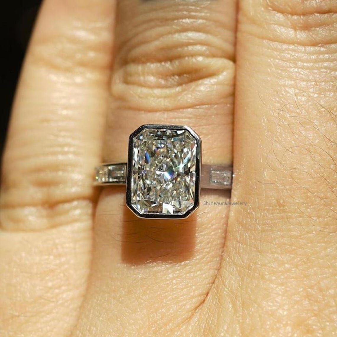 3 CT Radiant Cut Moissanite Engagement Ring, 14K White Gold Bezel Set ...
