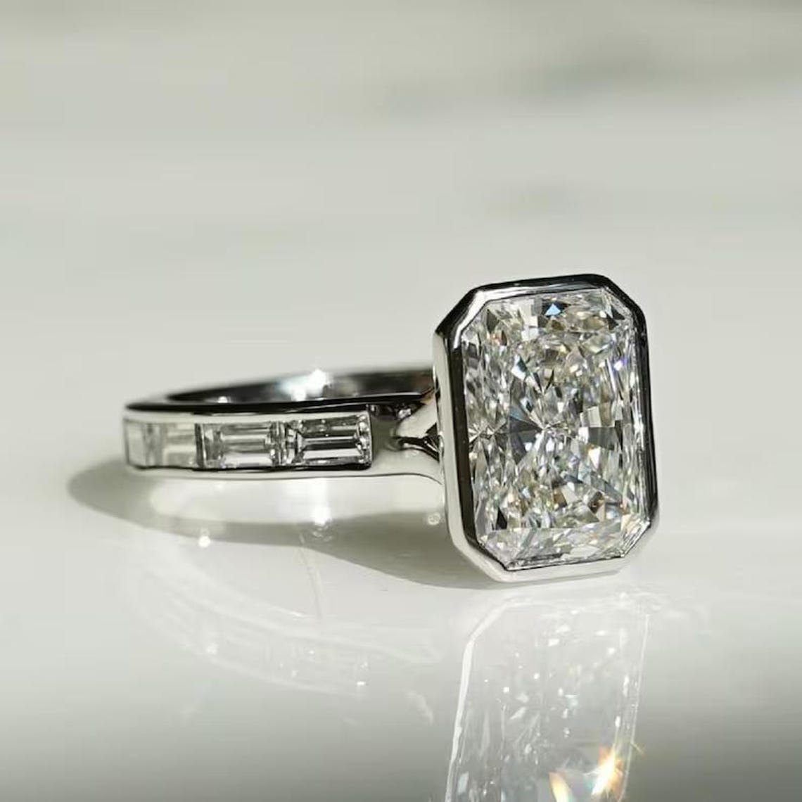 3 CT Radiant Cut Moissanite Engagement Ring, 14K White Gold Bezel Set ...