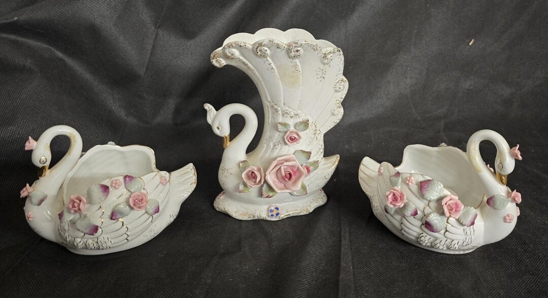 Napco Porcelain Swan Centerpiece Vase & Candle Holder Set Pink Roses ...