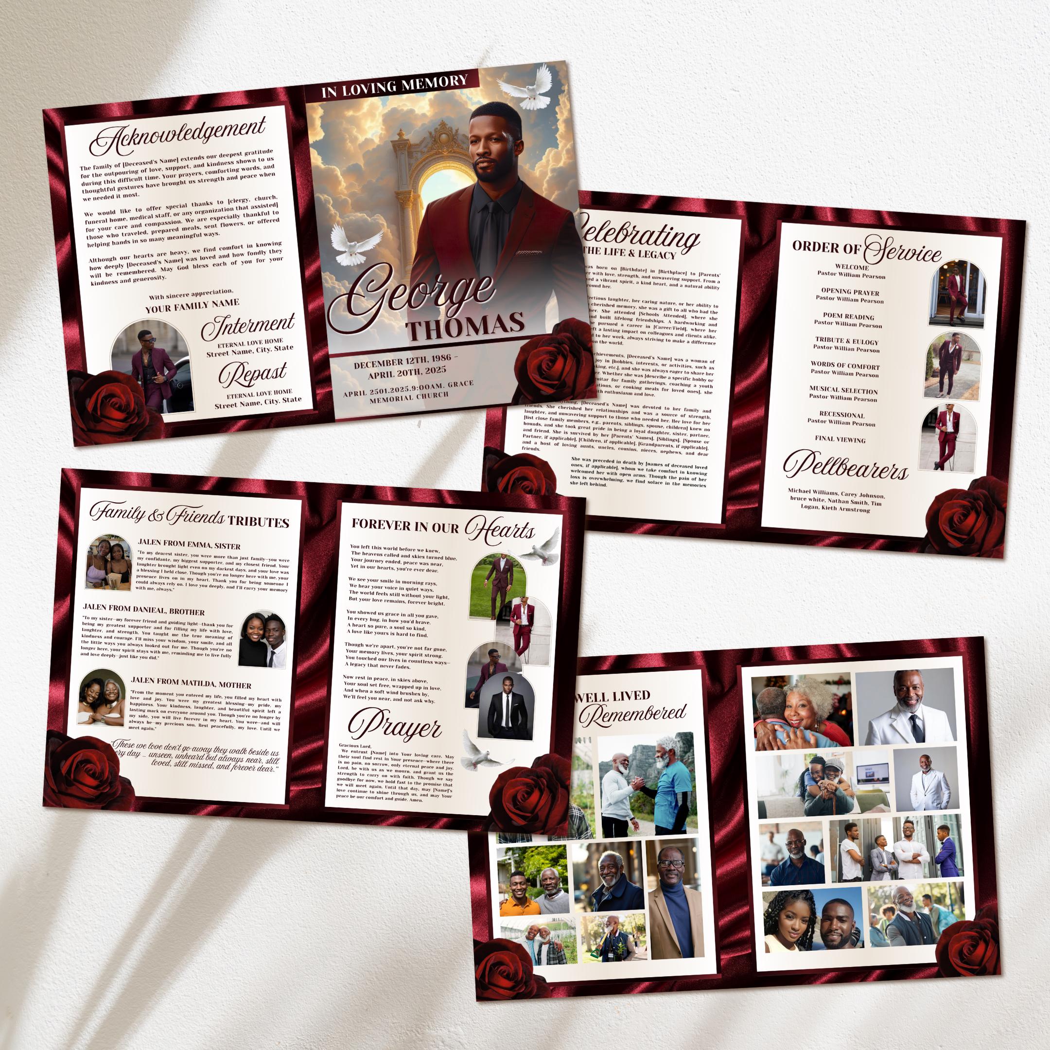 Maroon Roses Funeral Program Template: 8-page Memorial (canva PDF) - Etsy