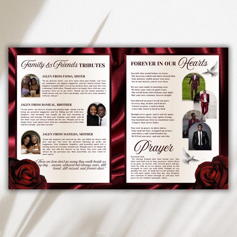 Maroon Roses Funeral Program Template: 8-page Memorial (canva PDF) - Etsy