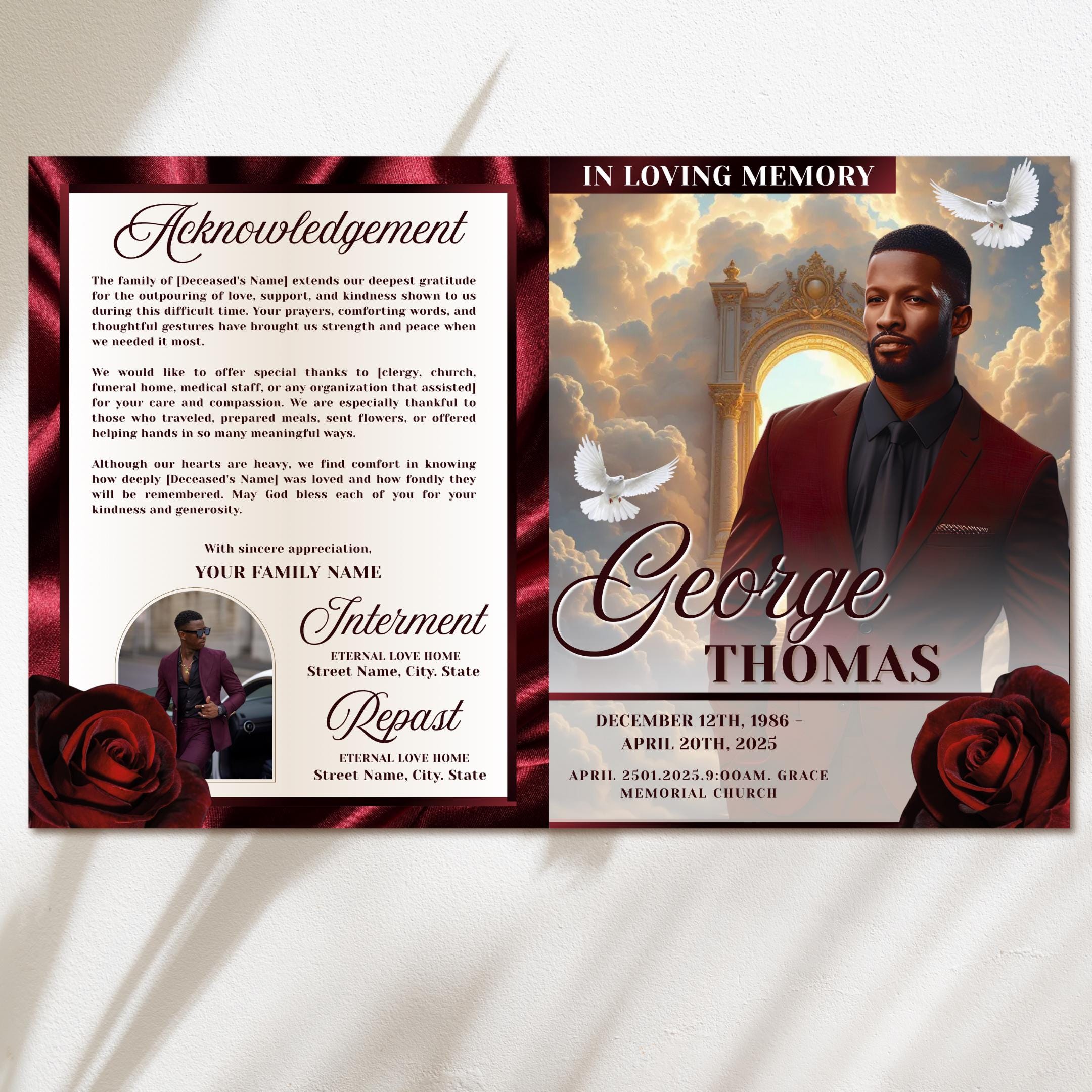 Maroon Roses Funeral Program Template: 8-page Memorial (canva PDF) - Etsy