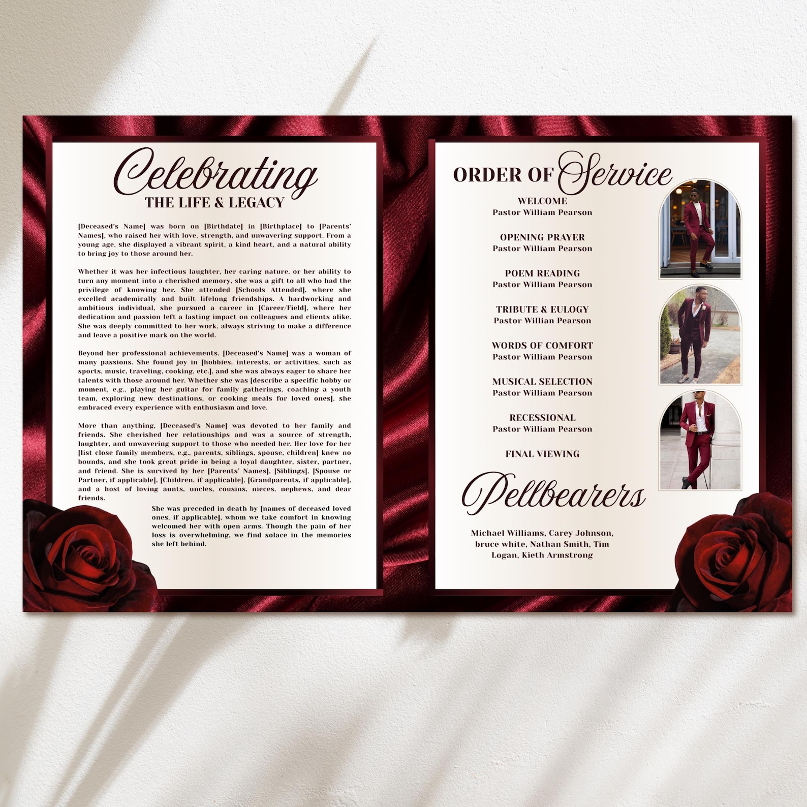 Maroon Roses Funeral Program Template: 8-page Memorial (canva PDF) - Etsy