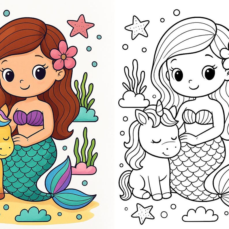 Cute Kids Coloring Pages Bundle–mermaid, Princess, Santa, Tropical Bear ...