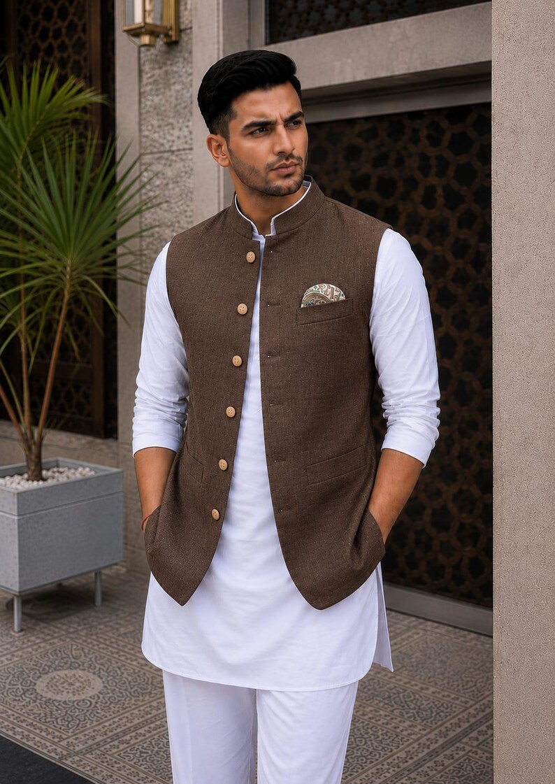 Beige Linen Nehru Jacket for Men | Indian Wedding Waistcoat | Linen ...