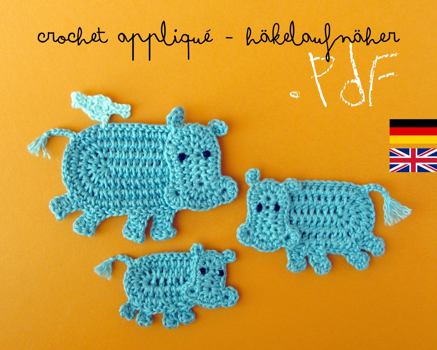 Crochet Pattern Hippo Appliqué, 3 Sizes, Hippopotamus Family With ...