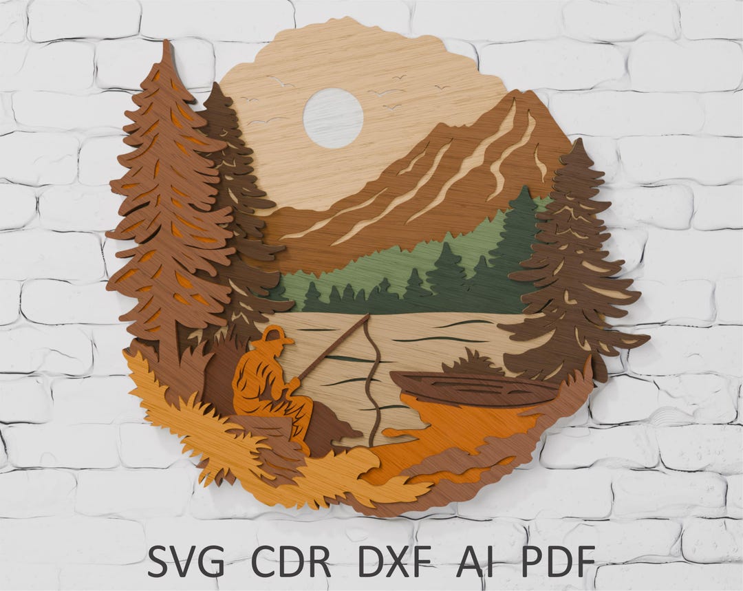 3D Fisherman Shadow Box Template, Fishing Lake Laser Cut Files (SVG ...