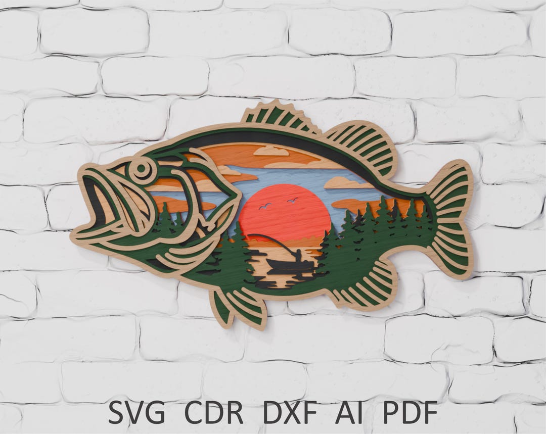 Layered Bass Fish SVG | Fishing Sunset Scene Laser Cut File (digital ...