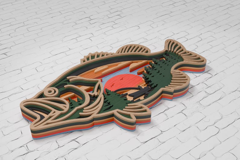 Layered Bass Fish SVG | Fishing Sunset Scene Laser Cut File (digital ...
