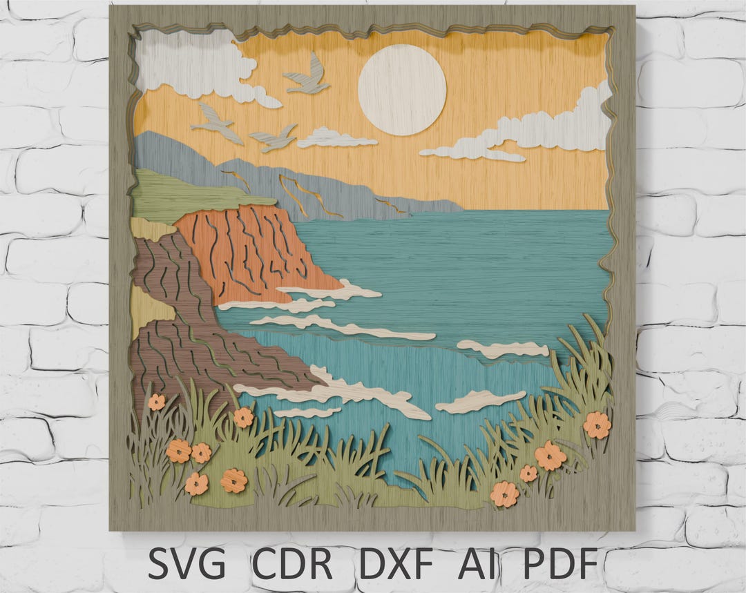 3D Layered Seascape SVG: Cliffs, Ocean Mandala, Laser Cut Template ...