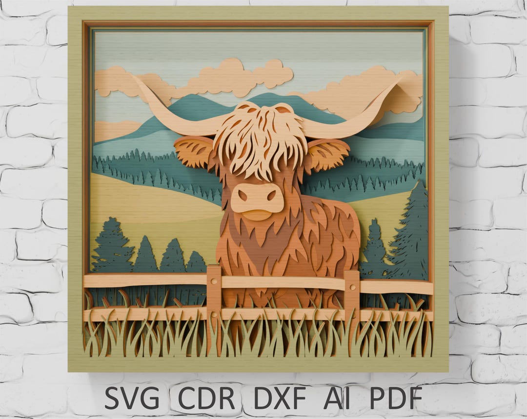 Highland Cow Layered SVG: Laser Cut Farm Animal Shadow Box (digital ...