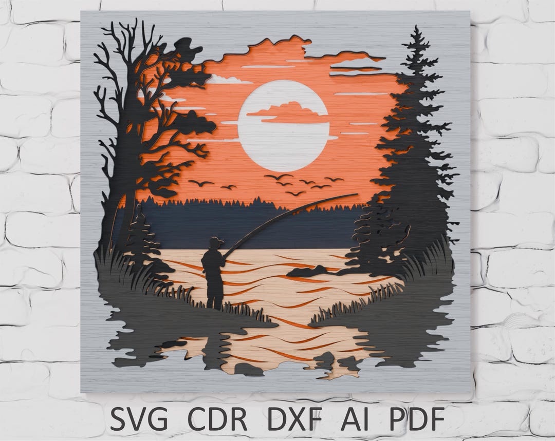 Fisherman Multilayer Shadow Box, Fishing Laser Cut Papercut Scene (SVG ...