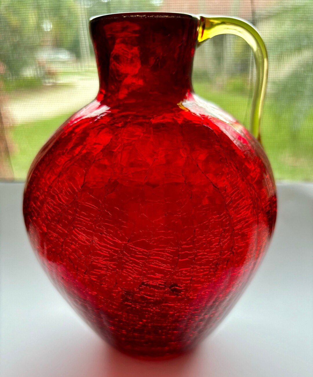Large Vintage Pilgrim Co. Ruby Red Hand Blown Crackle Glass Optic Jug ...