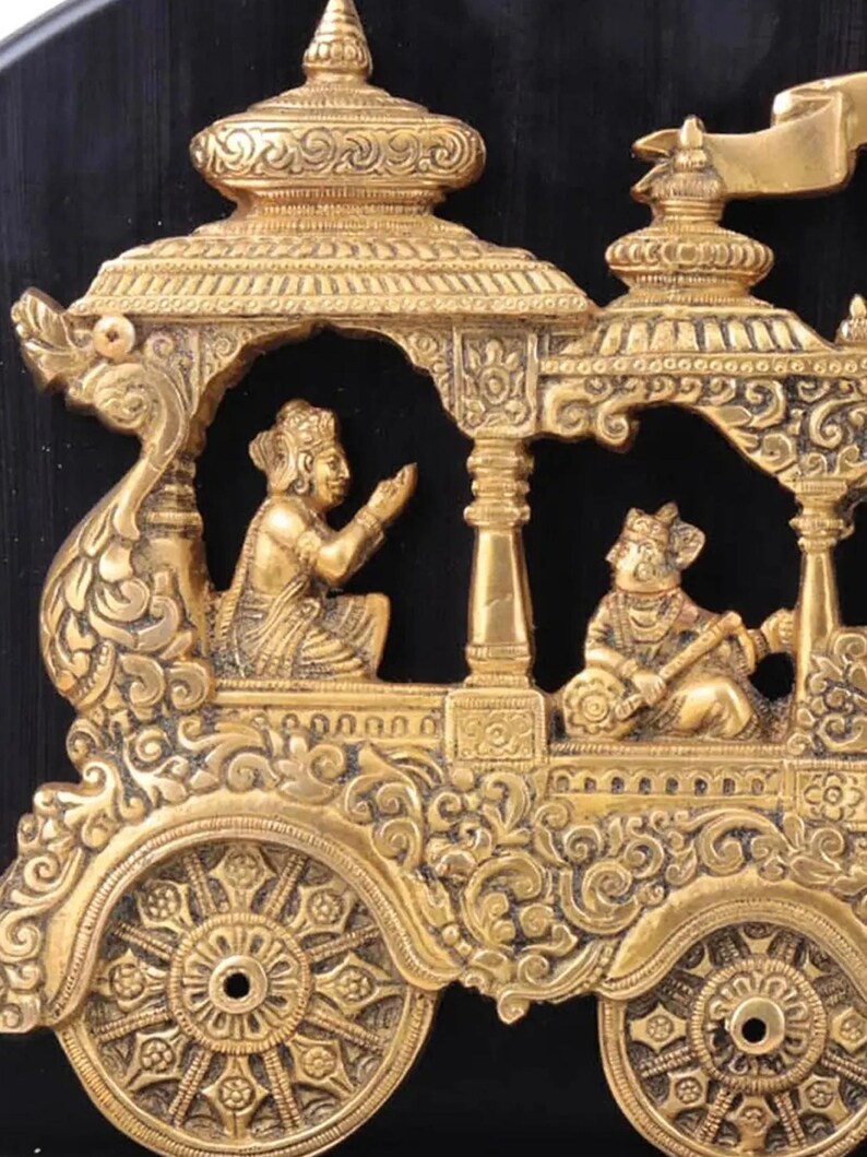 Krishna Arjuna Chariot (rath): Gita Upadesh Brass Statue on Wooden ...